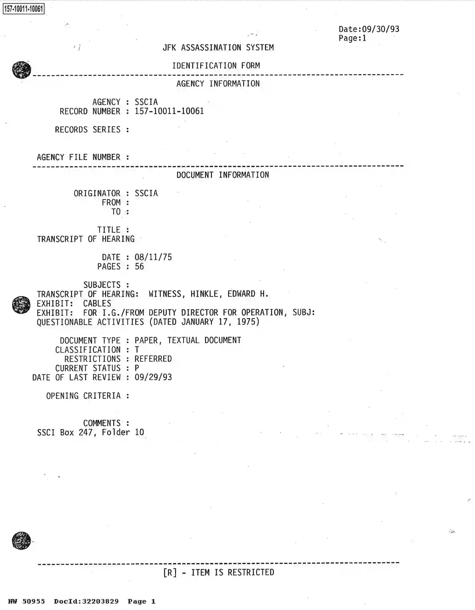 TESTIMONY OF EDWARD H. HINKLE (157-10011-10061)